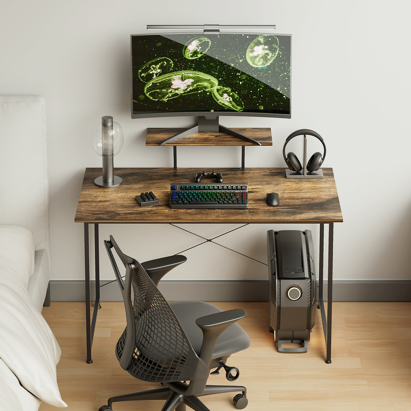 Inbox Zero 47" Computer Desk with Fixed Monitor Shelf Stand, Modern Gaming Table Office Task ...